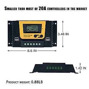 JJN Solar Charge Controller 20A Solar Panel Battery Controller Intelligent Regulator 12V/24V/36V/48V PWM Fit for 100w-500w Power with Adjustable LCD Display Dual USB Port