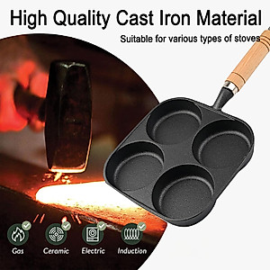 JUSTUP Nonstick Frying Pan,4-Cup Cast Iron Egg Pan Divided Grill Pan with Wooden Handle,Breakfast Skillet Omelet Pan for Egg,Steak and Burgers (Black)