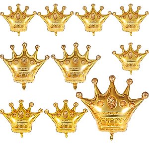 meekoo 10 Pieces Gold Crown Balloons Aluminum Foil Crown Balloons for Baby Shower Wedding Birthday Party Accessories, 4 Sizes