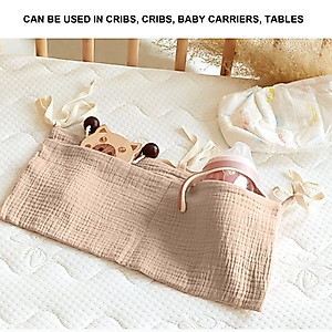 Baby Bed Hanging Bag, 2 Pockets Bag with Strap Infant Bedside Storage Bag for Toy Nursing Stuff (Khaki)
