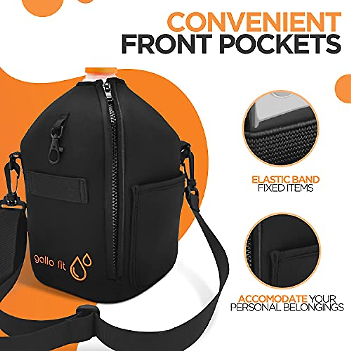 Gallo Fit Gallon Jug Sleeve with Strap - 8mm Thick Neoprene Jug Cooler | Best in Class Durable YKK Zipper, Multi Purpose Clip, and Phone Holder | Fits Standard Water & Milk Jugs