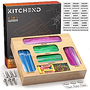 KITCHEND 6 in 1 Bamboo Ziplock Bag Organizer for Drawer - Durable & Strong Storage Bag Organizer - Zip Lock Bag Organizer with Screws & Anti-Skid Pads - Storage Organizer for Quart & Sandwich Bags
