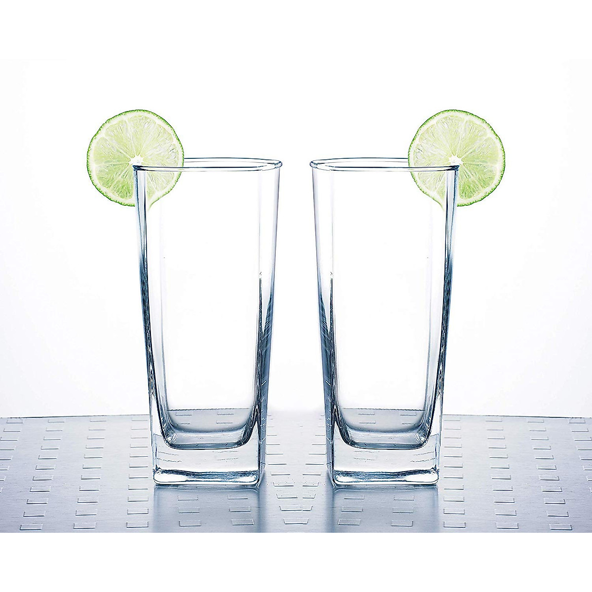 Le'raze Drinking Glasses Set of 4 - Highball Glasses, Heavy Base Durable Glass Cups for Water, Wine, Beer, Cocktails, and Mixed Drinks | Round Top, Square Bottom Glassware Set