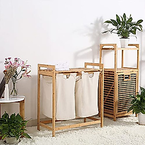 Bamboo Laundry Hamper with Shelf, Dual Compartments Laundry Organizer and Storage, Bamboo Laundry Sorter with Sliding Handles Utility Laundry Storage Organizer for Bathroom Bedroom