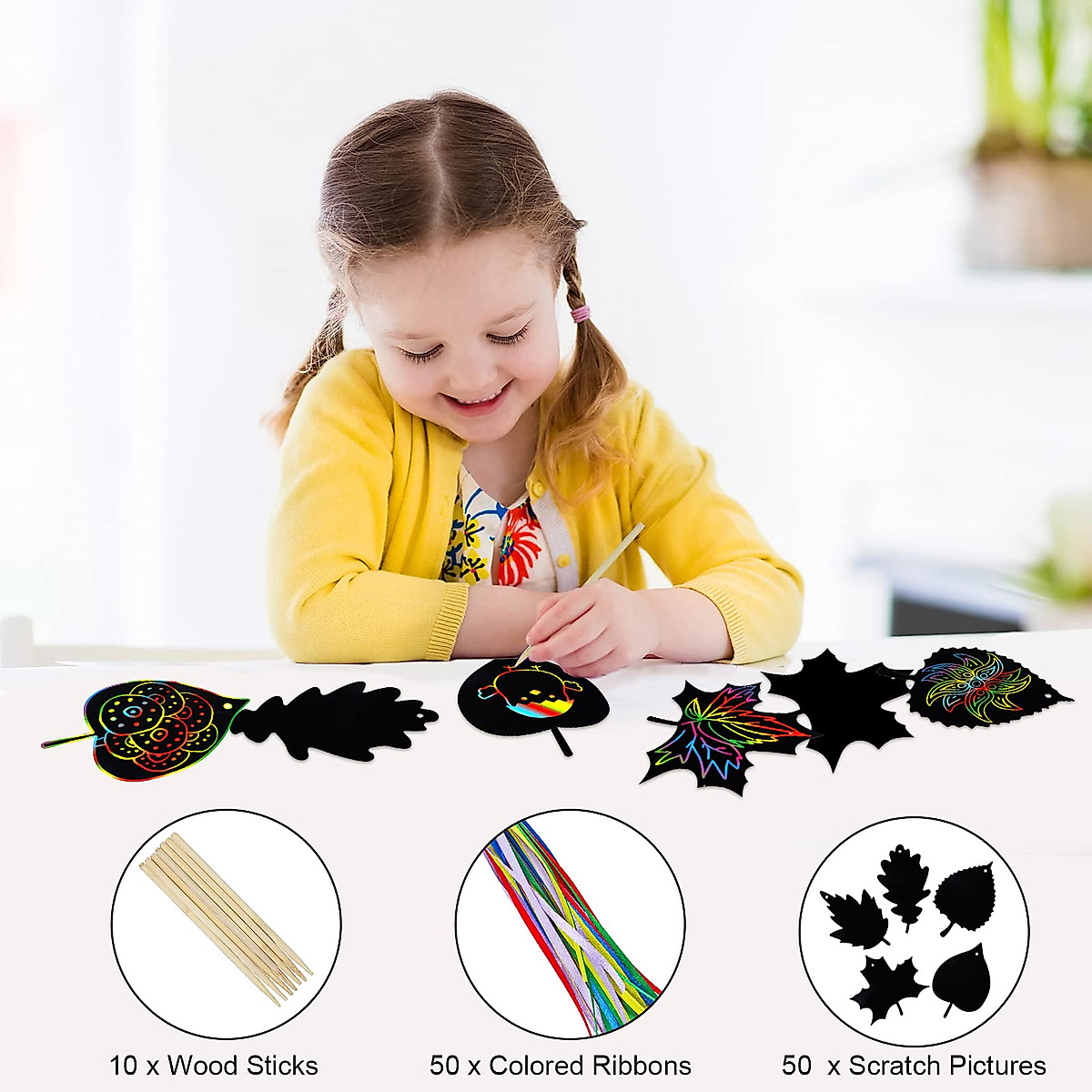 50 Pcs Scratch Art for Kids Fall Leaves, Fall Crafts for Kids Rainbow Scratch Paper for DIY Craft Autumn Decoration DIY Crafts Halloween Thanksgiving Gift