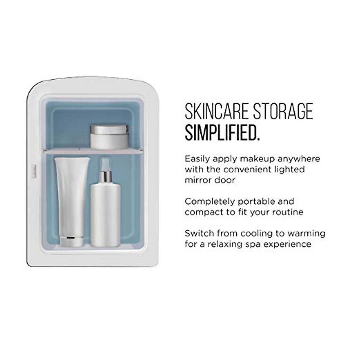 Chefman Portable Mirrored Beauty Fridge With LED Lighting 4 Liter Mini Refrigerator, Skin Care, Makeup Storage, w/Mirror & Light, Chill Serums And Face Masks, For Desktop Or Travel, Cool & Heat