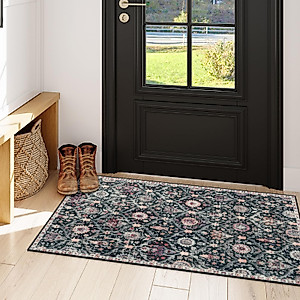 Lahome Moroccan Trellis Rugs for Entryway,2x4 Kitchen Rugs Non-Slip Vintage Small Rugs, Ultra-Thin Washable Indoor Door Mat Distressed Carpet for Bathroom Kitchen Bedroom(2x4ft,Black/Multi)