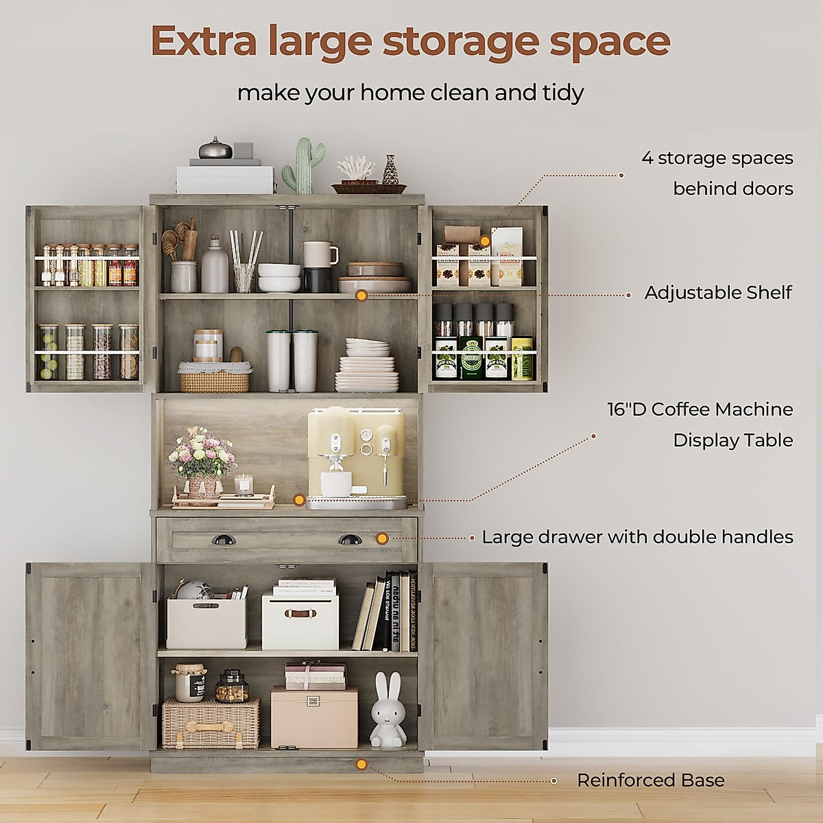 UPOSOJA Farmhouse Kitchen Pantry Cabinet with Operation Table, 72.6" Storage Cabinet with LED Lights and Power Strip, Adjustable Shelves for Dining Room, Bathroom, Living Room (White Brown)