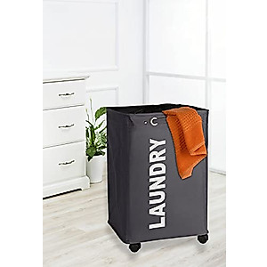 WENKO Quadro Laundry Basket with Wheels, Rolling Laundry Bin with Lid, Slim Laundry Hamper, Laundry Sorter, Clothes Storage, Grey, 15.7 x 23.6 x 13 inch