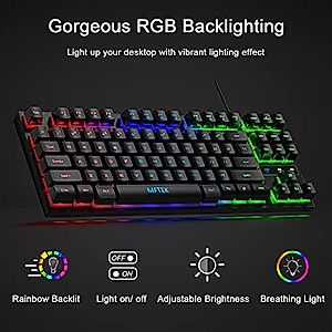 MFTEK RGB Rainbow Gaming Keyboard and Mouse Combo, Compact 87 Keys Backlit Computer Keyboard with Gaming Mouse, USB Wired Set for PC Gamer Laptop Work