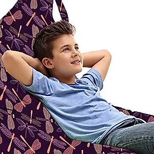 Lunarable Dragonfly Lounger Chair Bag, Negative Effect Damselfly Mosaic Patterned Wings, High Capacity Storage with Handle Container, Lounger Size, Purple and Salmon