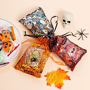 choyaxo 100PCS Halloween Organza Bags Spider Web Print Satin Drawstring Candy Jewelry Bags for Halloween Drawstring Gift Bags 4 x 6 Inches/10 * 15cm, 4 Styles