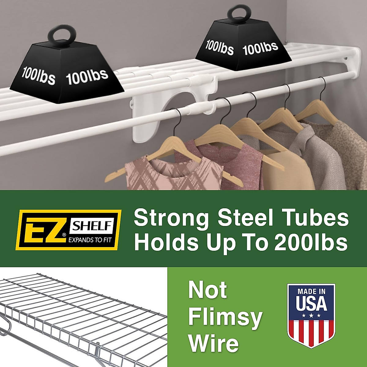 EZ Shelf - DIY Expandable Closet Shelf (NO Hanging Rod) - 40.5” to 73” - White - Easy to Install to 2 Sidewalls -(EZS-SW72)- Wire Closet Shelving Alternative