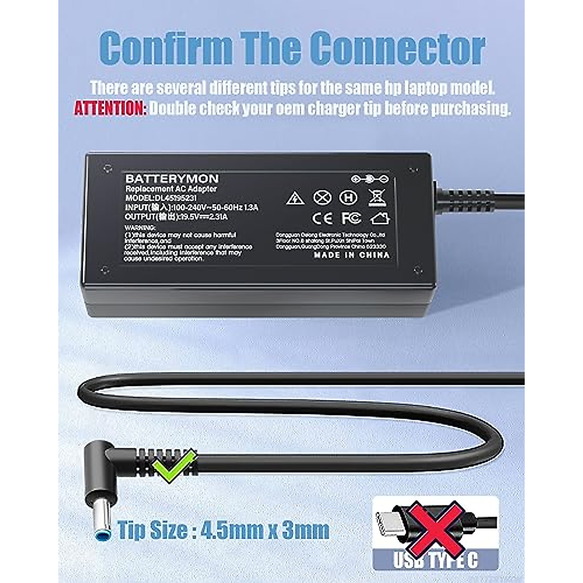 45W 19.5V 2.31A Laptop Power Adapter Charger for HP 741727-001 721092-001 719309-001 HSTNN-DA40 ADP-45WD B, Compatible with Pavilion TouchSmart 11 13 15 Series Notebook