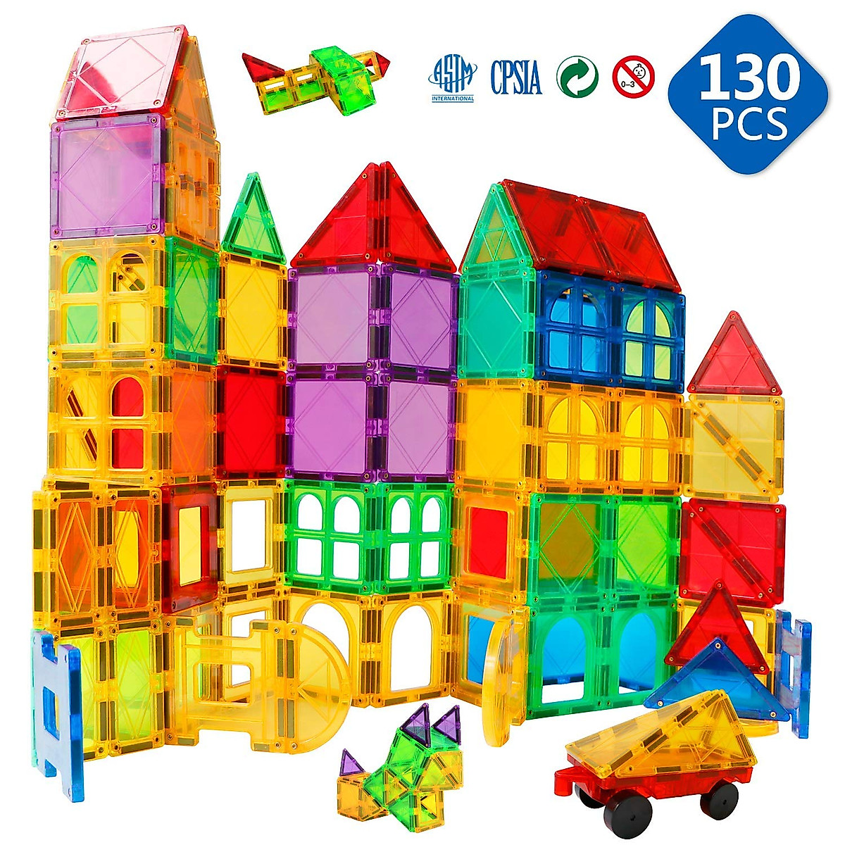 MAGBLOCK Magnetic Tiles Building Blocks 130 Pcs Magnet Tiles for Kids Ages 4-8 Magnetic Toys for Boys and Girls Ages 8-10