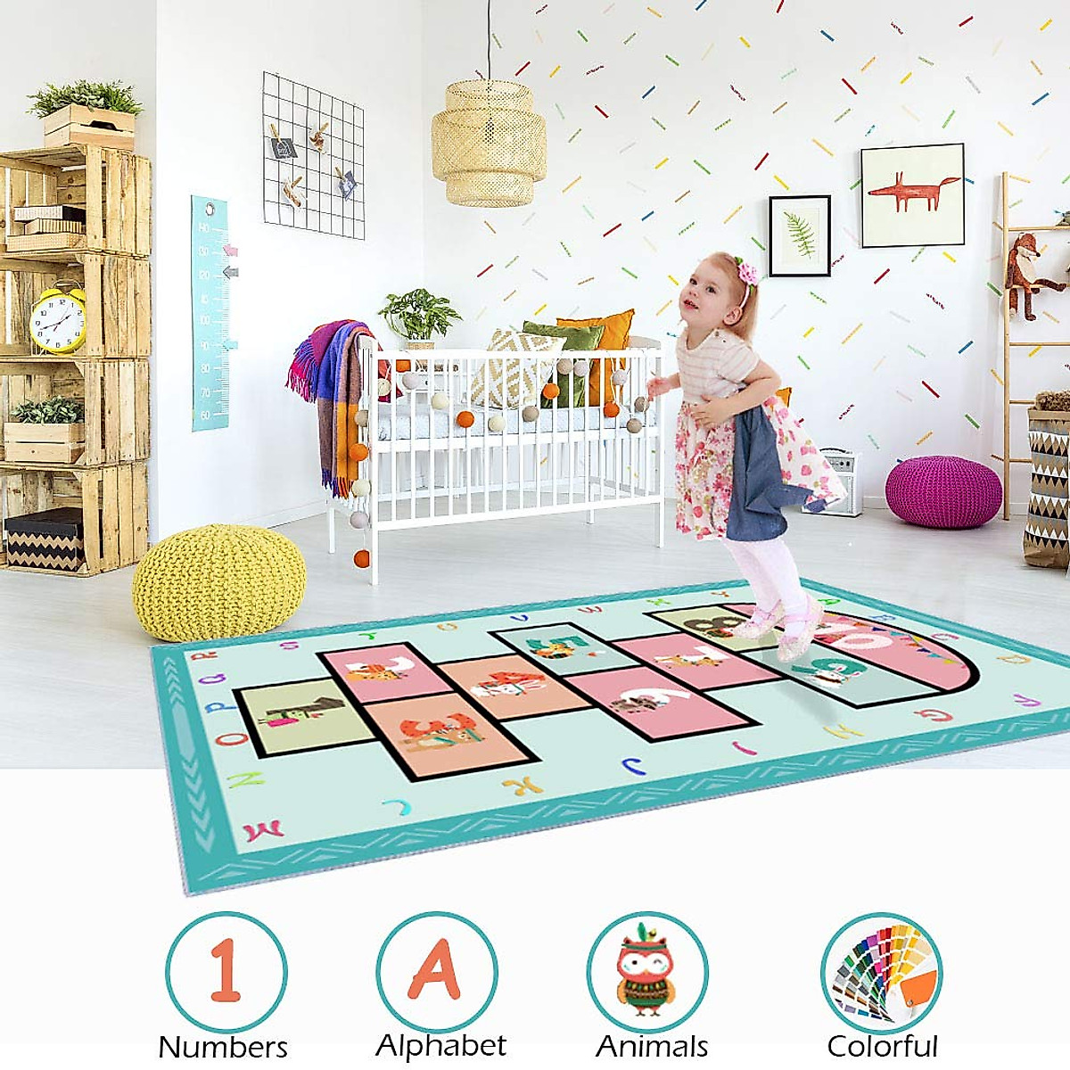 Hopscotch Rug 63”x31, Hop and Count Game Rug with Colorful Alphabet and Animals Design Anti-Slip Kids Play Mat, Soft Floor Area Rug & Carpet Playroom Bedroom Living Room