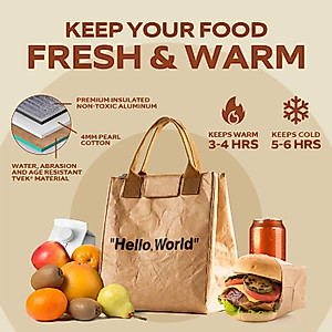VonNova Insulated Lunch Box for Women, 7L Capacity, Leakproof Lunch Tote Bag, Durable Lunchbox made from Tyvek Material, Adult Cooler Bag for Work, Picnic, Travel and more (Hello World)