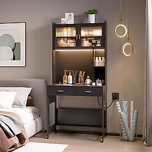 Vlsrka LED Home Office Desk with Hutch, 31.5 Inch Modern Computer Desk with Power Outlet, Wooden Bush Study Desk with Storage Drawers & Shelves (Matte Black)