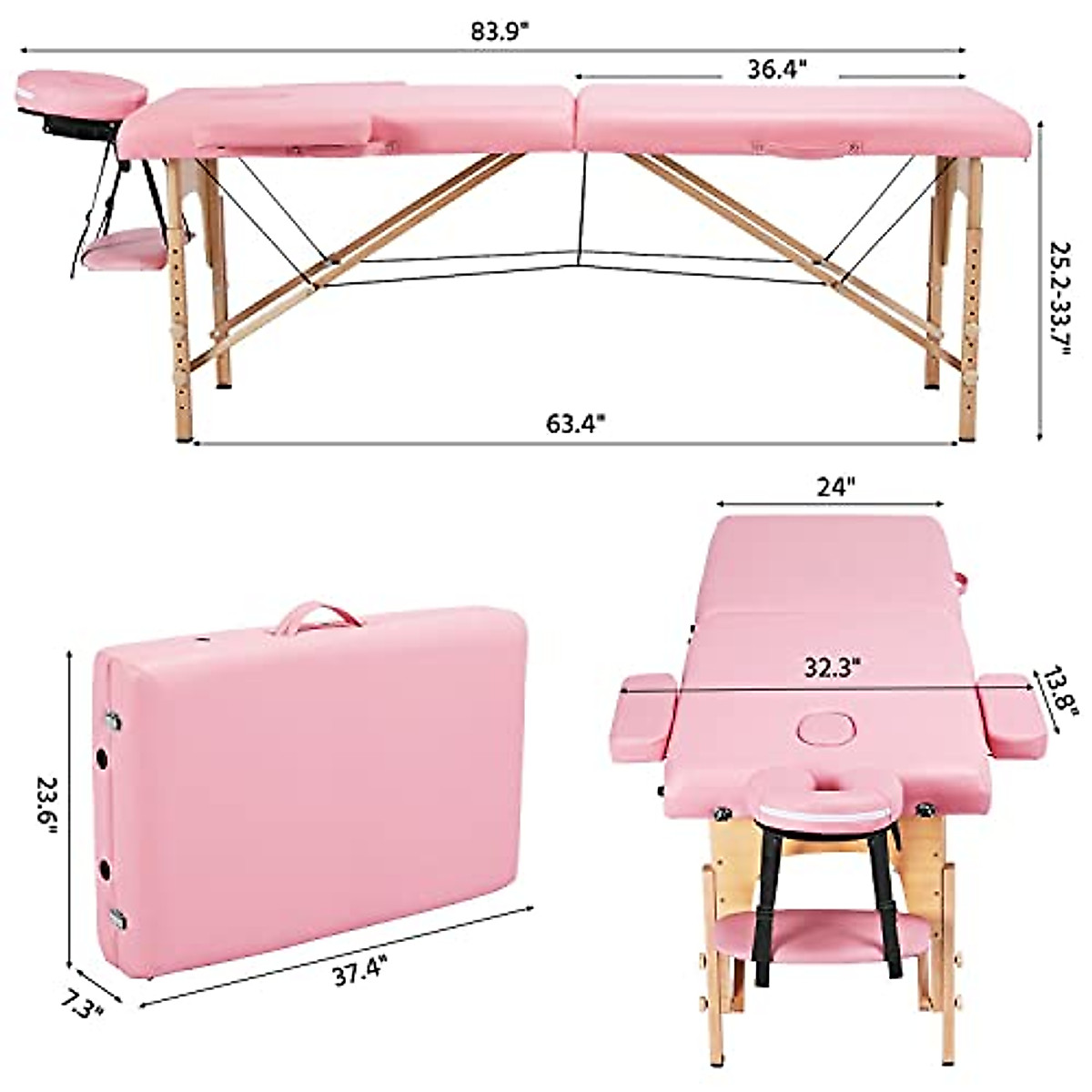Yaheetech Spa Bed Portable Lash Bed Massage Bed Foldable Spa Tables Adjustable 2 Fold with Non-Woven Bag, Pink