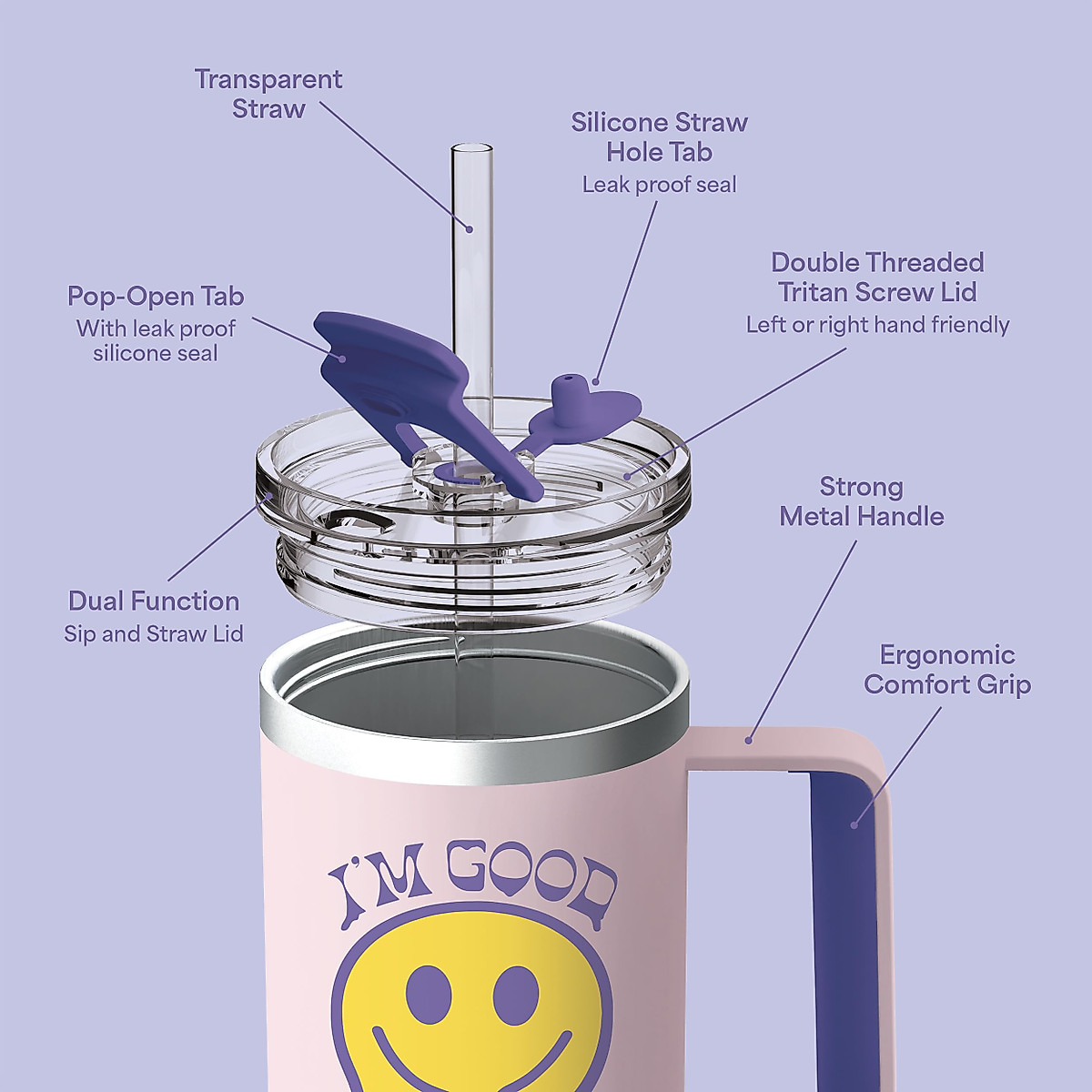 Ottle Deep Sea Diver 40 oz Insulated Tumbler with Handle and Straw Lid - Leak Proof, Cupholder Friendly Travel Mug - Stainless Steel Double Wall Water Bottle for Hot and Cold Drinks - I'm Good