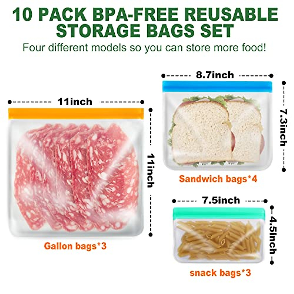 10 Pack Reusable Ziplock Bags Silicone Bags, 3 Large Food Storage Bags Gallon Freezer Bags 4 Reusable Sandwich Bags Zip Lock 3 Snack Bags, Lunch Home Kitchen Fridge Organization Meal Prep Containers
