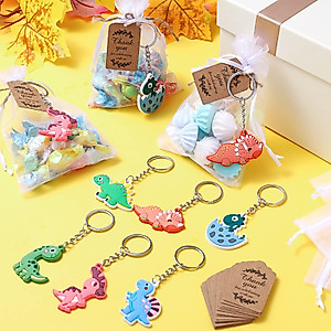 Kigeli 144 Pcs Dinosaur Baby Shower Favors Set with 48 Keychains 48 Organza Bags 48 Thank You Kraft Tags for Dinosaur Baby Shower Birthday Party Favors Decorations Car Handbag Wallet Gifts