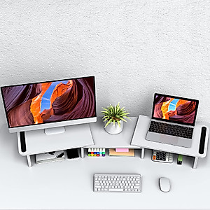 Zimilar 2 Pack Monitor Stand Riser, 3 Height Adjustable Monitor Stand with Unique Star Mesh for Computer + Dual Monitor Stand Riser, Monitor Stand with Adjustable Length and Angle, Wood Monitor riser