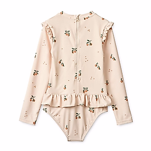 LDIOIF Toddler Girls Long Sleeve Swimsuit Zipper Rash Guard One Piece Bathing Suit UPF50 Pink Cherry Sunsuit w/Ruffle 18-24M