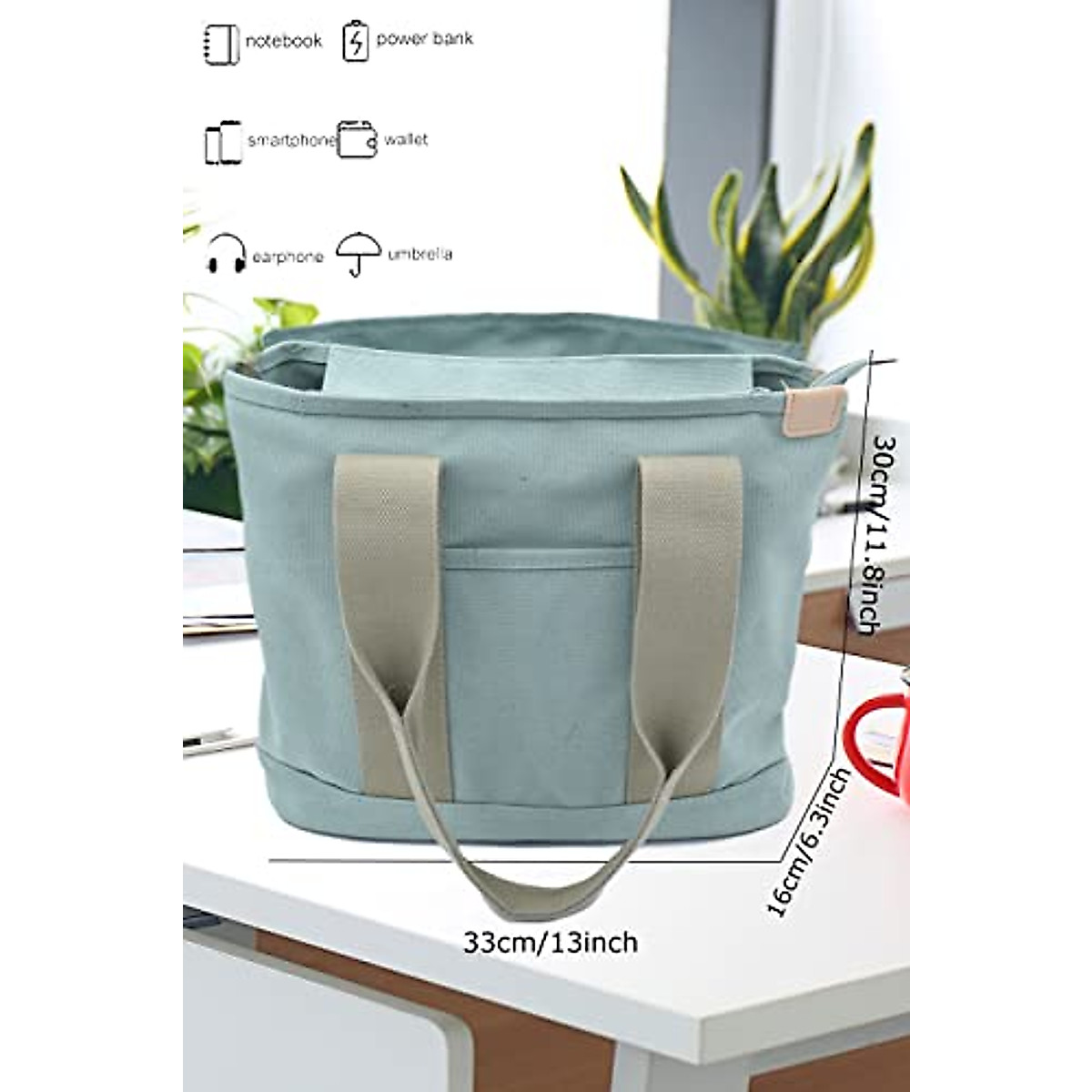 Green Canvas Tote Bag Casual Multi pockets Handbags Large Capacity Shopping Shoulder Bag with Pocket Bags Work Purses Travel Satchel