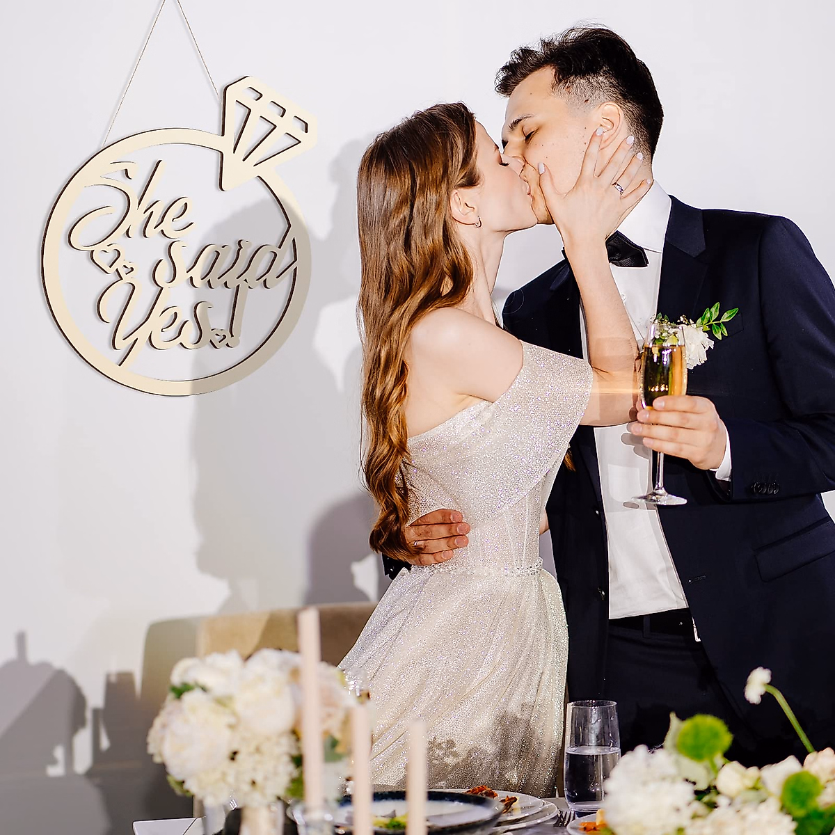 Youyole She Said Yes Wooden Sign 13.78'' x 11.22'' Diamond Ring Wood Cutout Sign Wedding Engagement Party Decorations Photo Booth Props with Hanging Rope Bridal Shower Rustic Engaged Hanging Sign