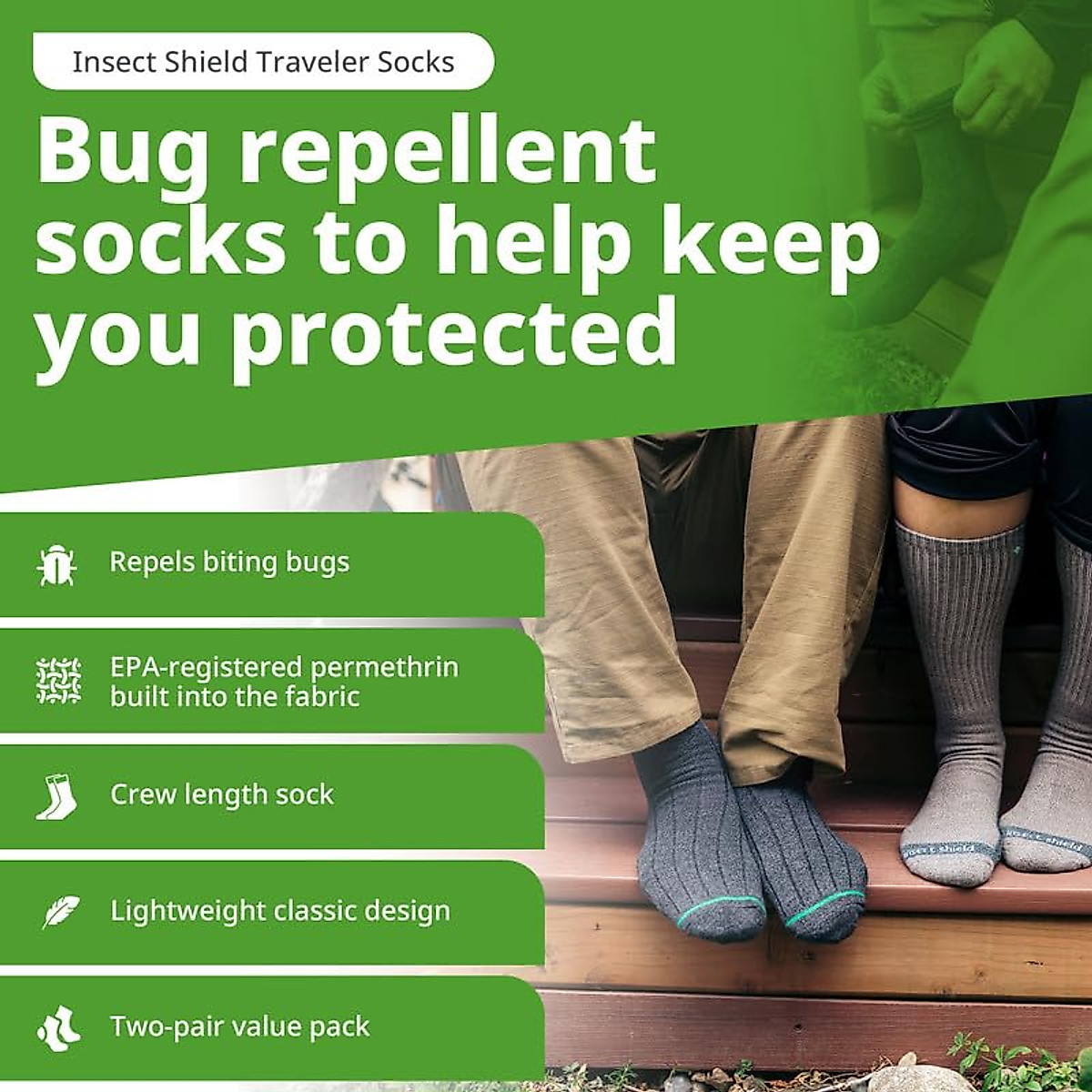 Insect Shield Lightweight and Comfy Traveler Sock with Built-In Bug Repellent, Charcoal, Medium (Pack of 2)