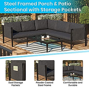 Flash Furniture Modern L-Shape Patio Sectional With Cushions - Contemporary Black Frame and Charcoal Cushions - 2 Storage Pockets - Zippered Removable Covers