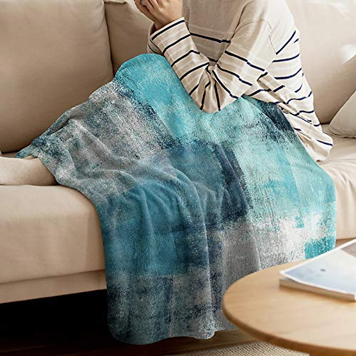 Turquoise Blanket Gray Aqua Abstract Paint Art Graffiti Lattice Super Soft Breathable Flannel Throw Blankets Cyan Teal Warm Cozy Decorative for Sofa Chair Bedroom All Seasons Use 40x50 inch