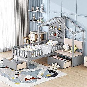 Twin House Bed for Kids, House Platform Bed with Upholstered Sofa, Charging Station, Wireless Charging, Storage Shelves and Two Drawers, Light Strip Included, Gray