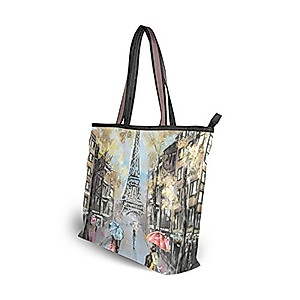 U LIFE Oil Painting Vintage Paris Eiffel Tower Large Carry On Tote Bag Handbags