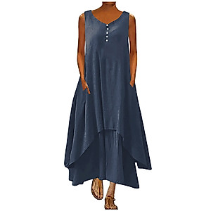 Ceboyel Women Plus Size Summer Dresses Women Irregular Hem Maxi Dress Cotton Linen Long Summer Dress Solid Color Boho Flowy Dress Beach Clothing 2023 Blue 3X
