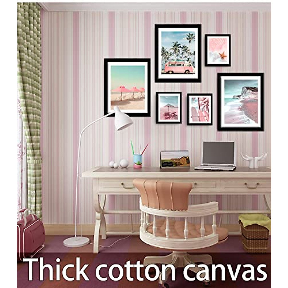 6 Set Large Beach Wall Art for living Room Bathroom Pink and Blue Seascape Themed Picture Poster Print Wall Decor Beach Chairs Starfish Surfboard Palm Tree for Teens Girl Home Decorations Unframed