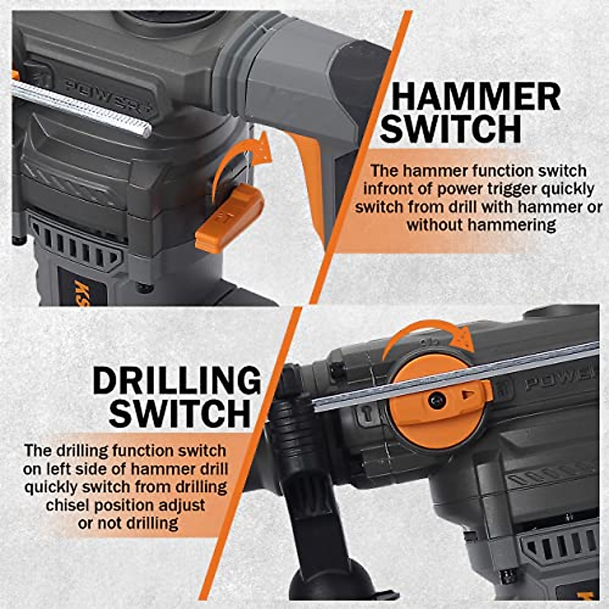 KSEIBI Variable Speed Rotary Hammer Drill 1-1/4 inch, SDS Plus Demolition Hammer for Concrete Drill 13Amp, 4 Functions Reduced Vibration System