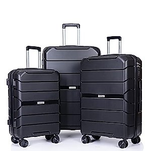 Travelhouse Luggage 3 Piece Set Suitcase with Spinner Wheels TSA Locks PP Luggage Hardside Carry on 20in 24in 28in For Unisex (Black)