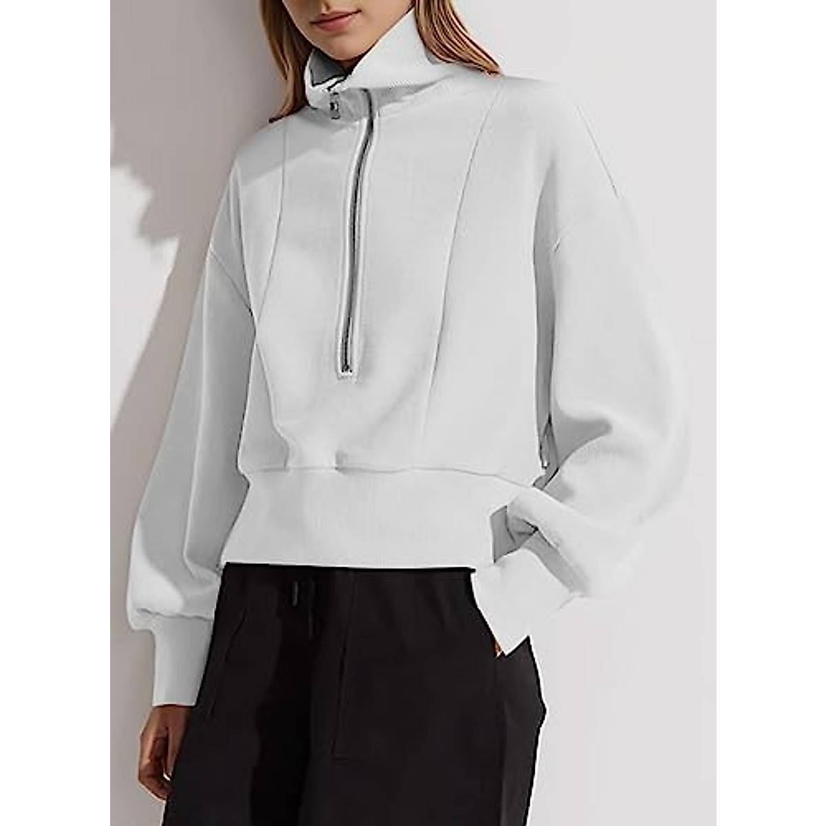 Dokotoo Womens Casual Half Zip Pullover Sweatshirts Long Sleeve Workout Tops Fall Comfy Cropped Loose Quarter Zipper Sweatshirt Jackets Winter Clothes 2023 Trendy Outfits White Mdeium