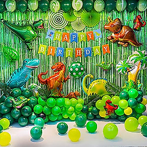 GoGoGoodie Dinosaur Party Decorations-Three Rex Jurassic World Park Themed Birthday Decorations Green Balloons Arch Garland Kit Dino Foil Balloons HAPPY BIRTHDAY Banner Paper Fan Curtains for Boys