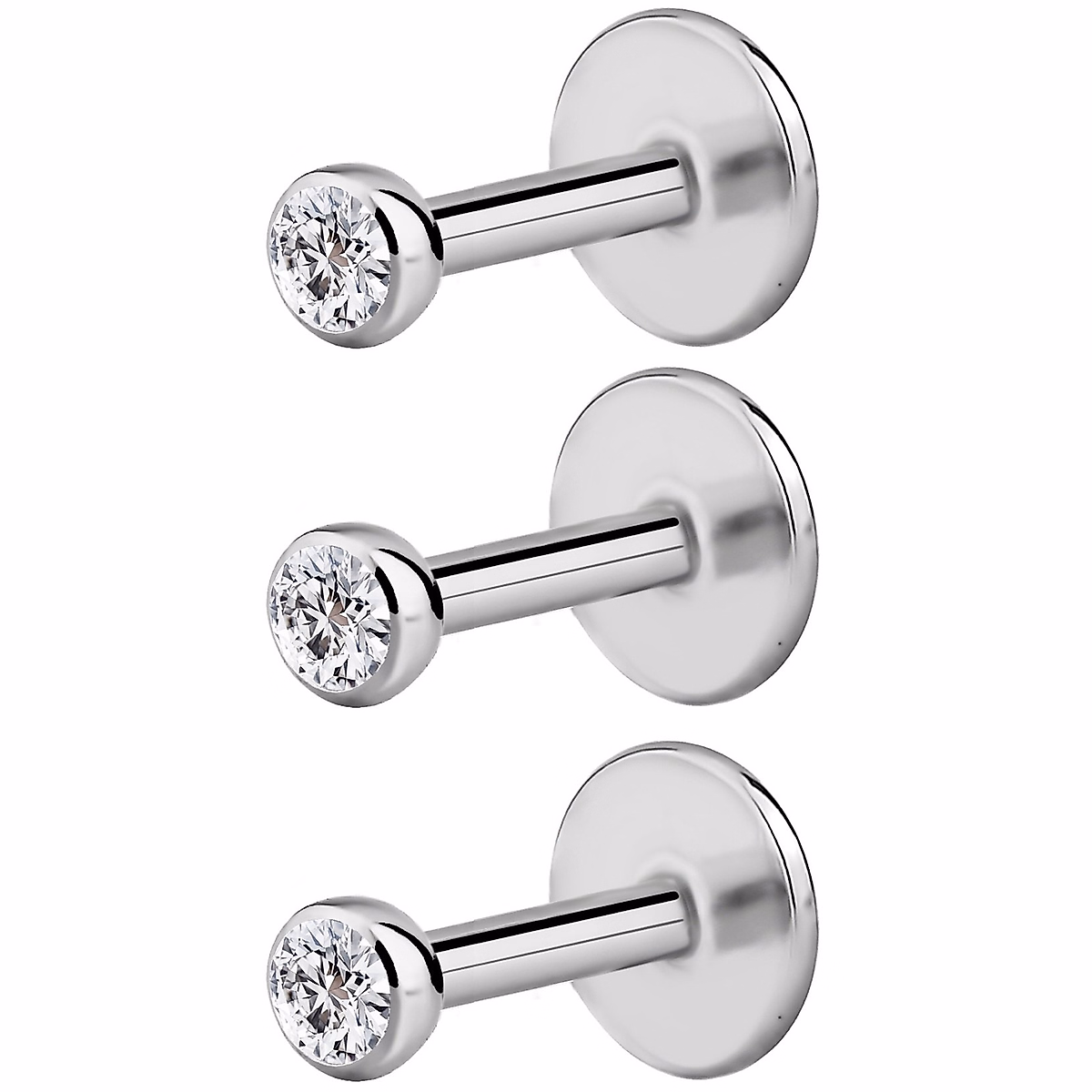 Forbidden Body Jewelry Surgical Steel Earrings Internally Threaded Micro CZ Gem Top Tragus/Helix/Labret Stud with 2mm Top (18G, 4mm) 3 pack