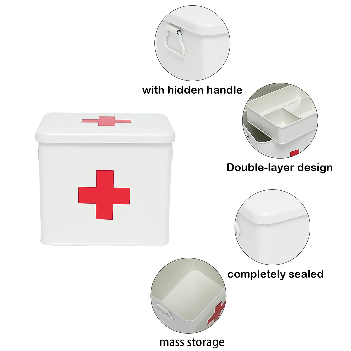 Xbopetda Metal Medicine Storage Tin,First Aid Kit Tin, First Aid Medicine Supplies Bin, First Aid Box with Removable Tray for Home Emergency Tool Set (White)