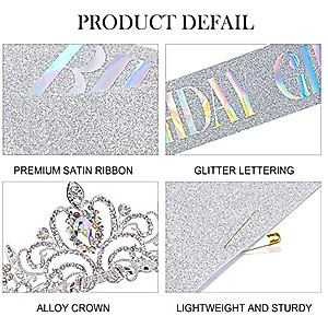 "Birthday Girl" Sash & Rhinestone Tiara Set Silver COCIDE Birthday Sash and Tiara for Women Birthday Decoration Kit Rhinestone Headband for Girl Glitter Crystal Hair Accessories for Birth Party (Aurora Borealis Silver Tiara + Silver Sash)