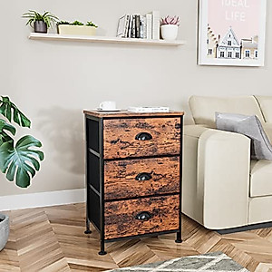 Furologee Nightstand with 3 Fabric Drawers, Tall End Table, Bedside Table for Storage, Small Dresser for Bedroom, Wooden Top for Living Room/Bedroom/Closet, Rustic Brown