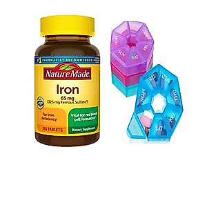 Nature Made Iron 65 mg (325 mg Ferrous Sulfate) Tablets, Dietary Supplement for Red Blood Cell Support, 365 Tablets, 365 Day Supply Bunde with Weekly Pill Organizer