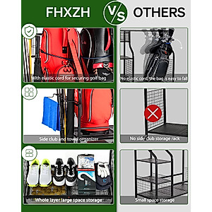 FHXZH Golf Bag Storage Garage Organizer- Golf Bag Stand Fit for 2 Golf Bags and Golf Clubs, Golf Balls, Golf Equipment Accessories, Extra Large Golf Bag Storage Rack for Garage, Club, Shed, Basement