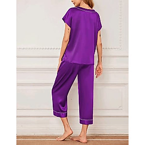 Ekouaer Satin Pajamas Set for Women Button Front Silk Sleepwear Short Sleeve V Neck Loungewear Set Purple Pajamas Set