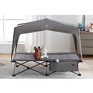 EVER ADVANCED Portable Deluxe Toddler Sleeping Cot with Canopy, Foldable Kids Camping Cot Travel Bed, with Carry Bag, for Indoor & Outdoor,140lbs, Grey