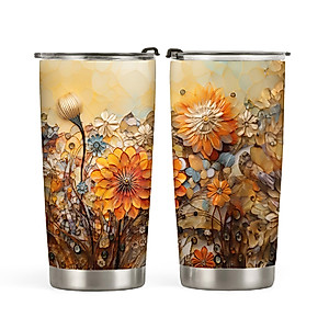 ORCAE 20oz Beautiful Colorful Daisy Flower, Stained Glass Style Flowers, Colorful Dandelion Flower Tumbler Cup, Insulated Travel Mug with Lid, Coffee Thermos for Men, Women, Gifts for Women - G